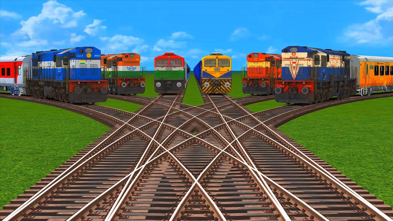 6 Trains Crossing On Six Line Branched Diamond Railroad Track | Train ...