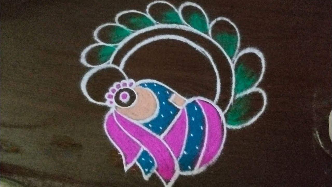 girl with peacock rangoli/new year rangoli kolam/girl rangoli design ...