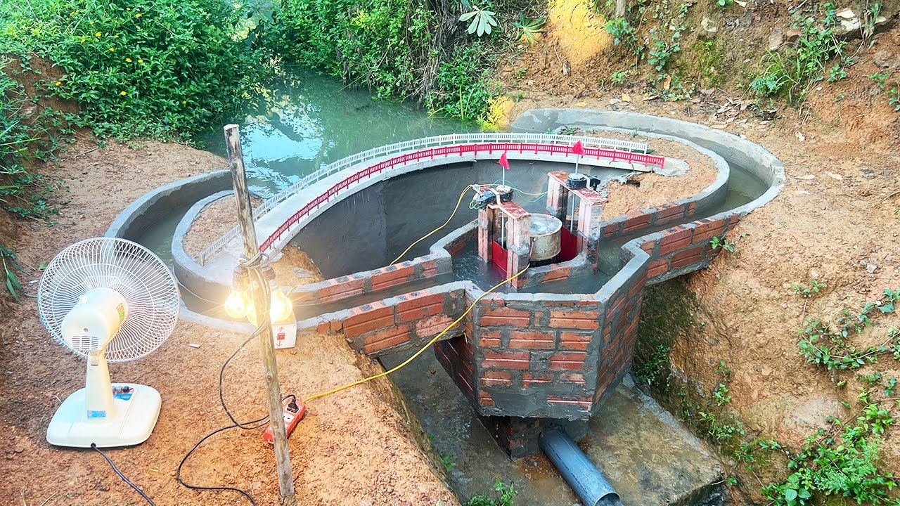 Building a 220V mini curved hydroelectric dam with unique turbines ...