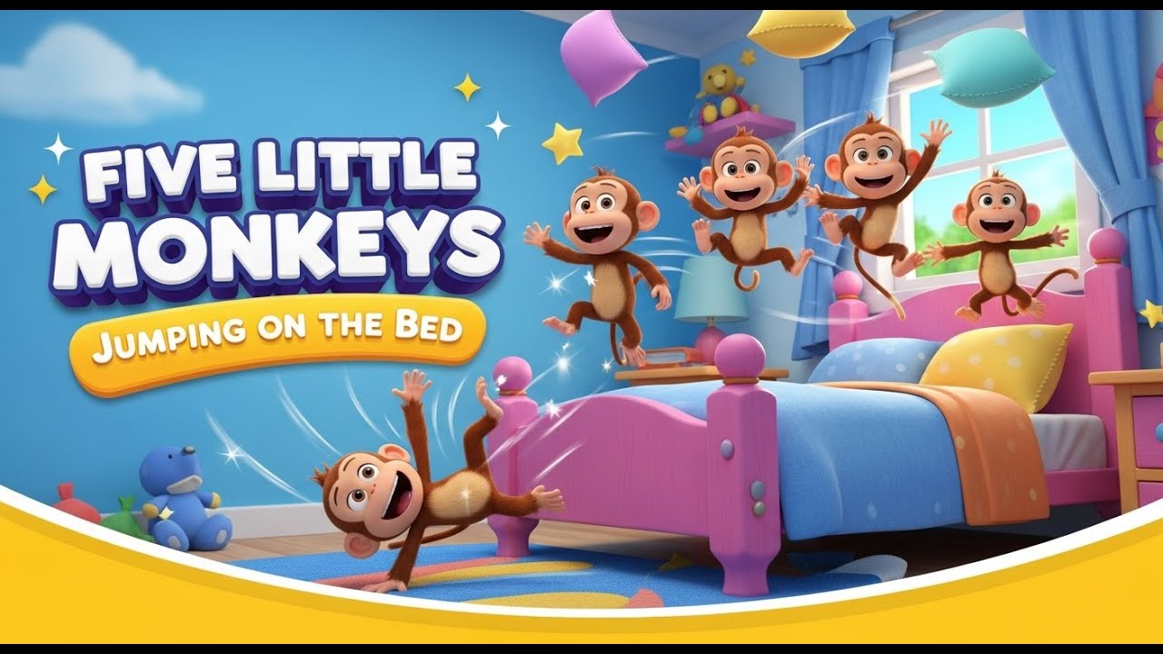 Five Little Monkeys Jumping on the Bed | Children's Nursery Rhyme Song ...