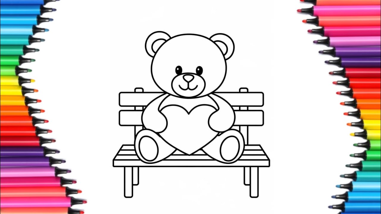 A Cute Teddy bear with love heart draw and colour, painting for kids ...