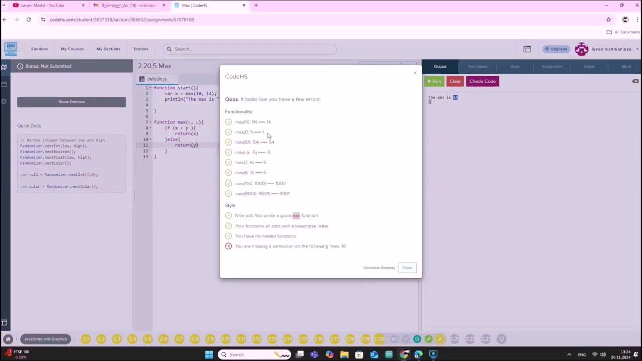 JavaScript 2.20.5 სავარჯიშო - Max / codehs.com / პროგრამირება / ლევან ნიშნიანიძე - YouTube