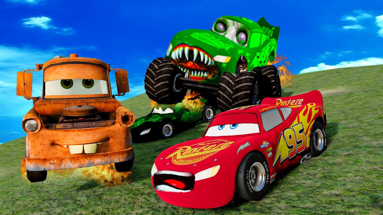 Angry MONSTER TRUCK ZOMBIE vs Lightning McQueen and MATER Pixar Cars in ...