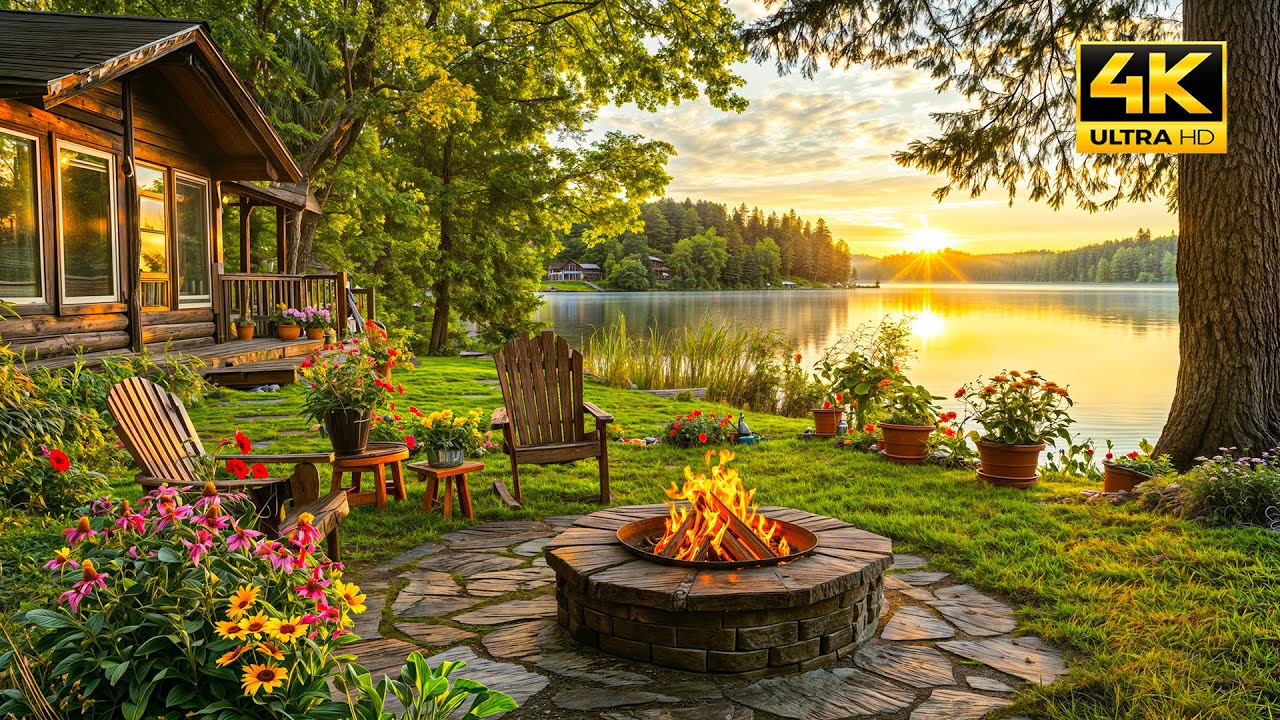 Cozy Lakeside Cabin Relaxation with Gentle Fire Pit | Springtime Nature ...