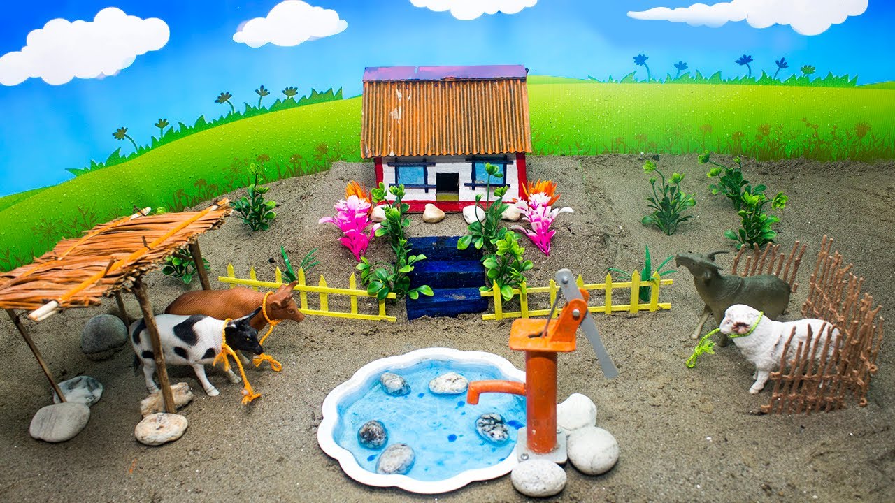 DIY making mini Farm Diorama with House for Cow - Mini Hand Pump Supply ...