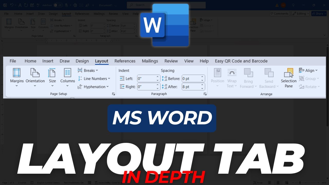 MS Word Layout Tab: Margins, Orientation, Size, Columns, Breaks, Line ...