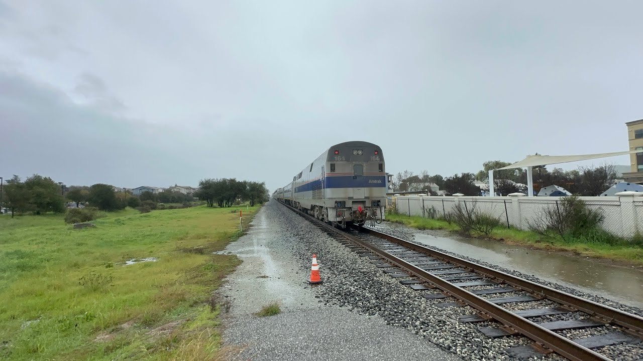 Late Amtrak Coast Starlight passes Morgan Hill Caltrain Station ft. 3 ...