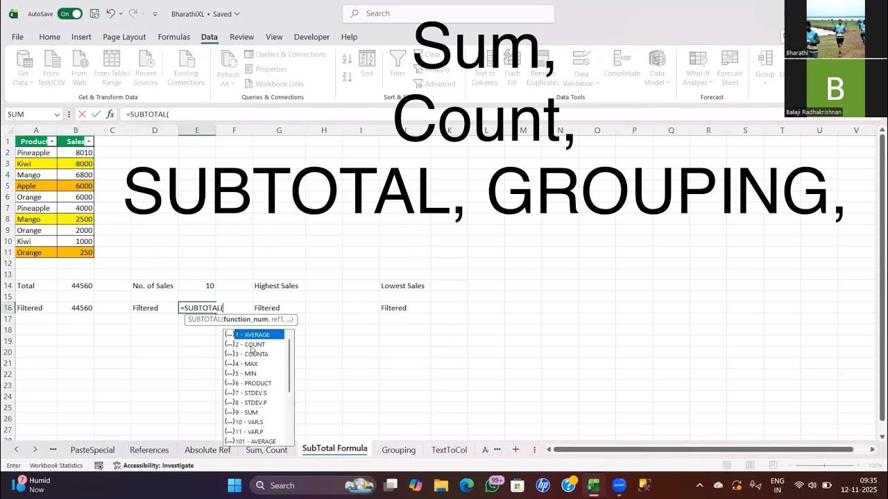 EXCEL CLASS SUM, GROUPING AND SUBTOTAL - YouTube