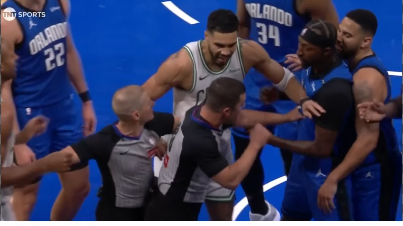 Jayson Tatum forcefully REMOVES Caldwell Pope from refs after pointing ...