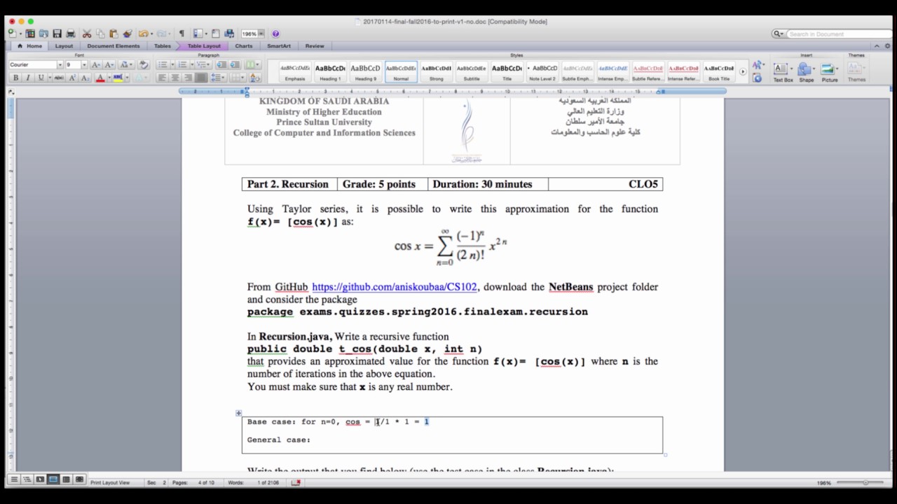 [CS102] Recursion Taylor Series of Cos(x) - Final Exam Fall 2016 - YouTube