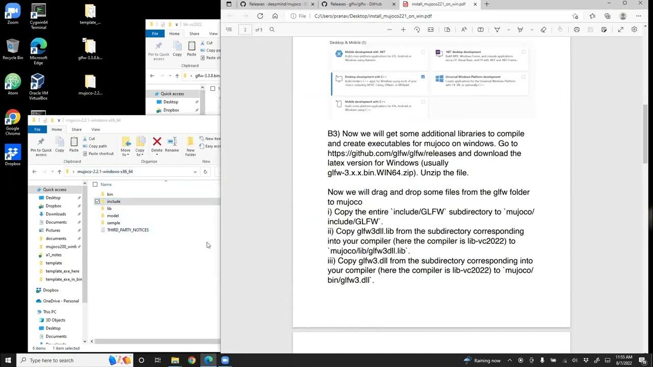 Windows Install MuJoCo 221, 237 (C code), running sample code and modifiable template for own ...