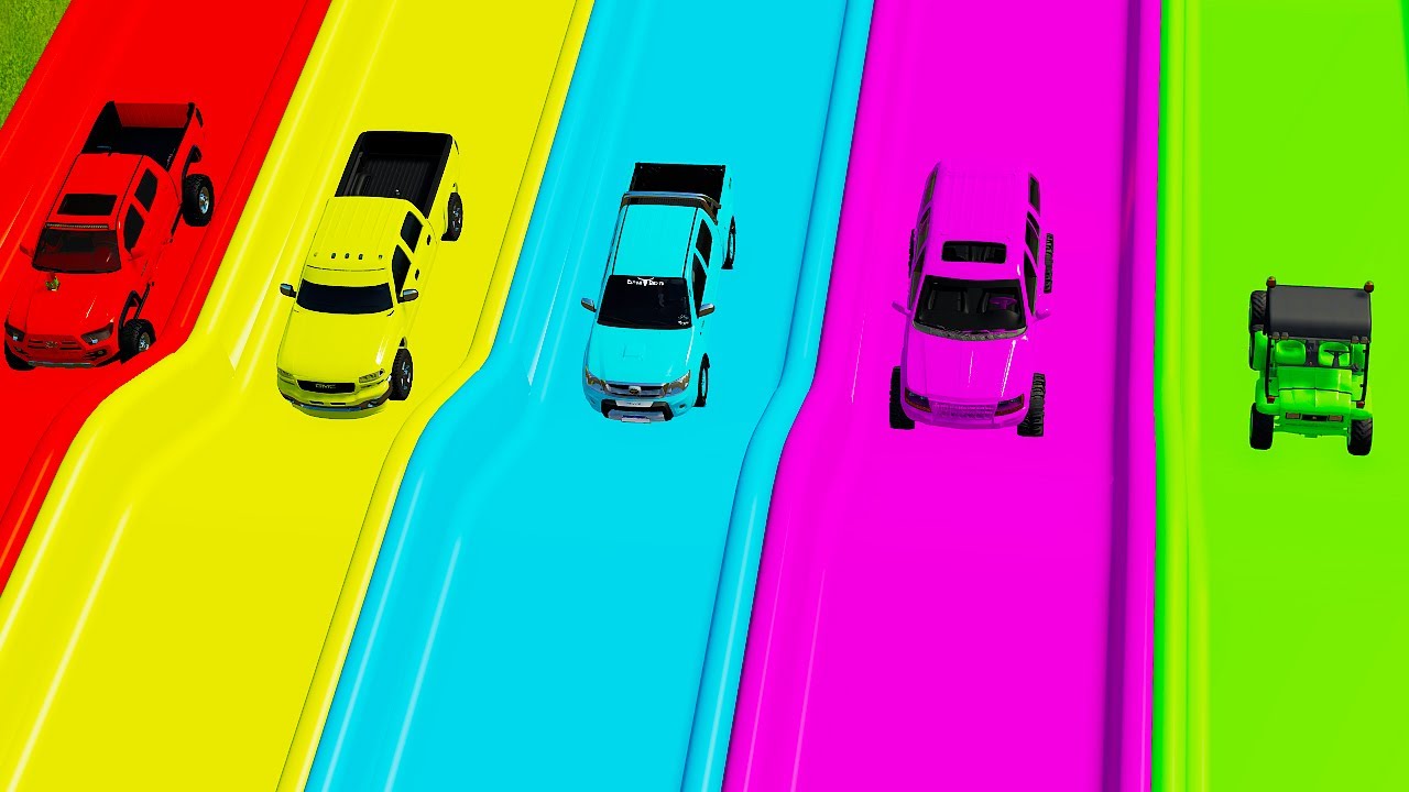 TRANSPORTING FIVE COLOR CARS RAM DODGE, LANDROVER, LIZARD, BROW ...