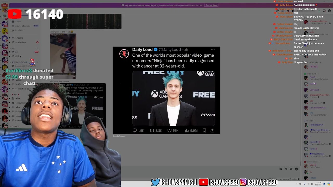 iShowSpeed Reacts To Ninja Having Cancer.. - YouTube