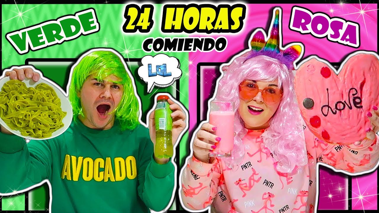 24 HORAS comiendo ROSA Y VERDE comida de colores ROSA vs VERDE vs ROSA ...