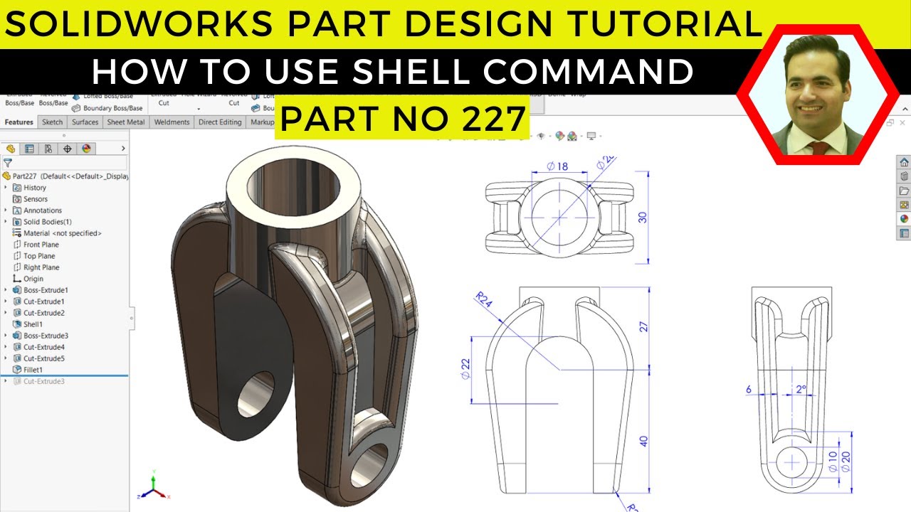 SolidWorks Part Design Tutorial: Using Extrude, Cut, and Shell Commands | Part No 227 - YouTube