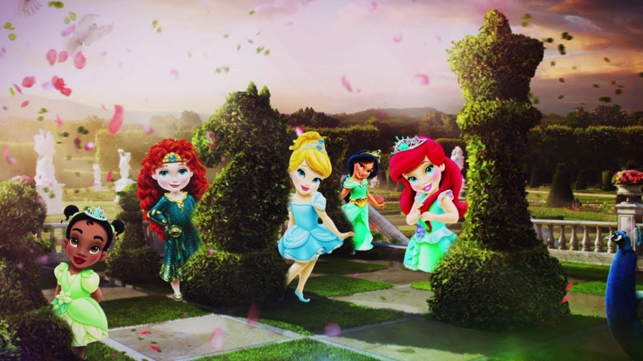 5 little Disney princesses in Wonderland jumping on the bed | Nursery ...