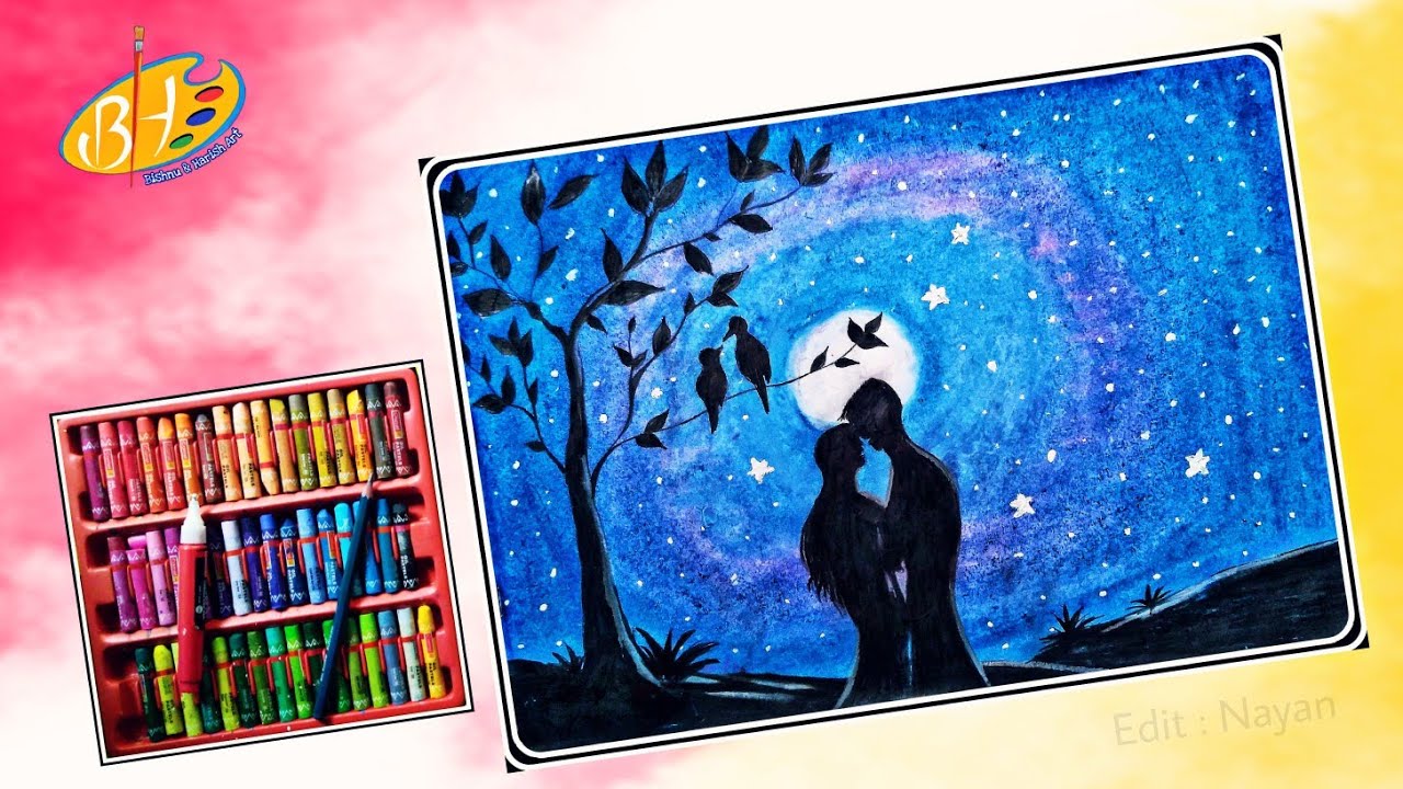 How to Draw Moonlight scenery with Romantic Couples - step by step ...