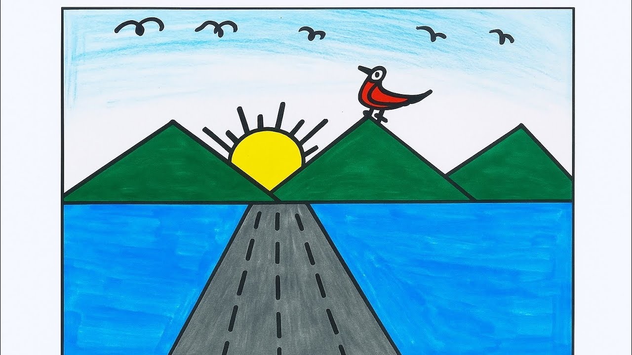 How to draw morning view/the road to a new day - YouTube