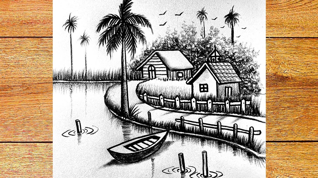 Drawing relaxing river landscape | Step by step beautiful river ...