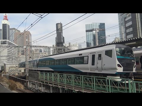 特急型車両の回送列車と京浜東北線の下り 快速（JR東日本E257系とE233系電車）東京都港区の新橋駅を通過。JR EAST Shimbashi Station Tokyo JAPAN ...
