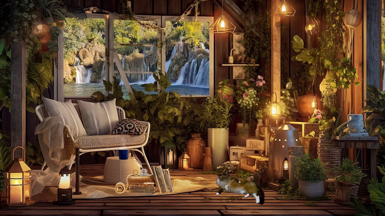Beautiful Summer Waterfall w/ Cozy Porch Ambience and Peaceful Relaxing ...