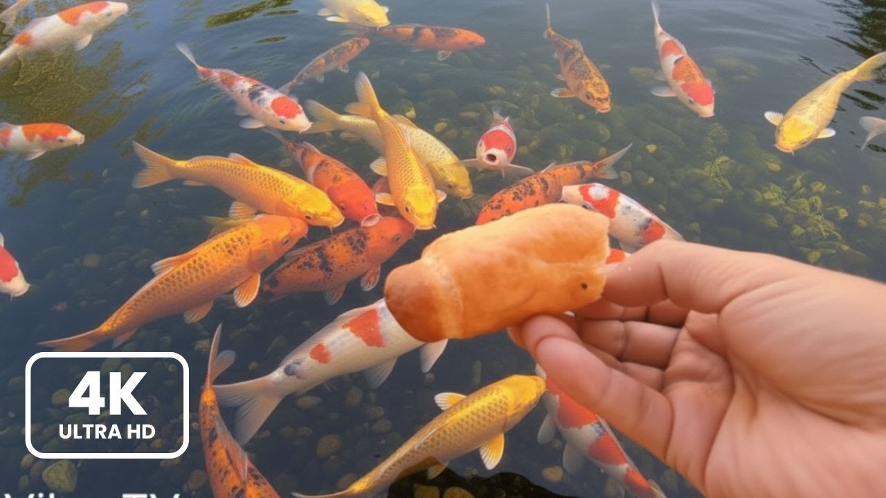 Watch Hungry Koi Fish Go Crazy for Food in Crystal Clear Pond - YouTube