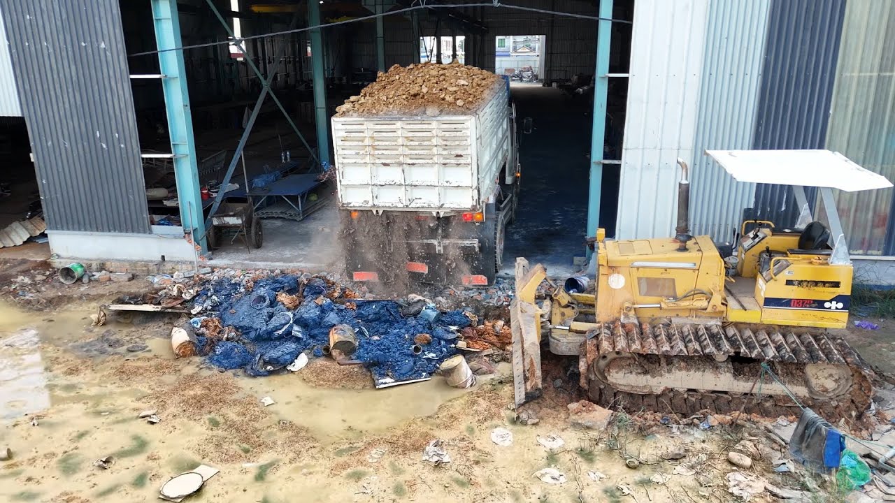 Process New Project, Dump Truck Dumping Soil and Pushing Soil by ...