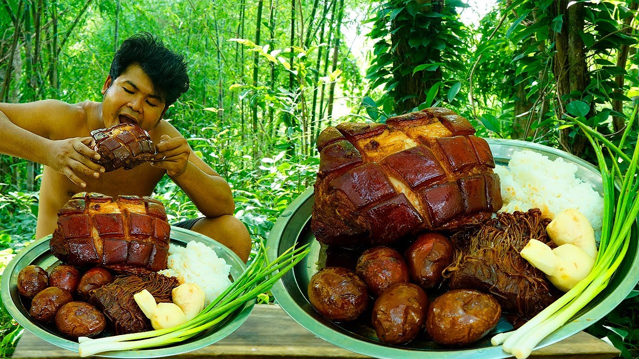 Cooking Pork Belly BBQ Spice Mushroom in Jungle Eating So Yummy - Cook ...