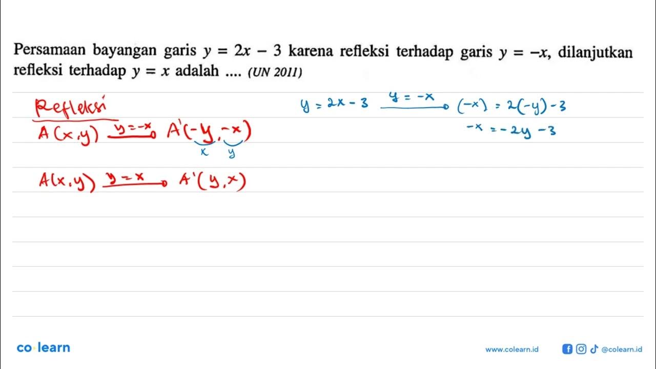 Persamaan bayangan garis y=2x-3 karena refleksi terhadap garis y=-x, dilanjutkan refleksi ...