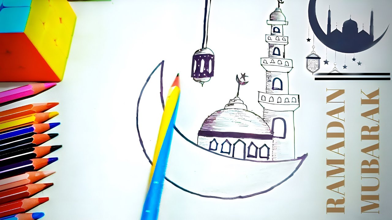 Ramadan Kareem Drawing || How to draw moon and minar easily || Ramadan ...