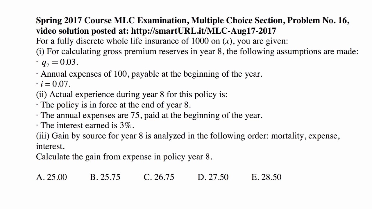 Exam MLC exercise for August 17, 2017 - YouTube