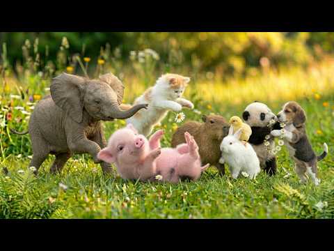 🌼🐹 Curious Little Creatures Discovering Shiny Flowers on the Green Meadow – Sweet Animal World