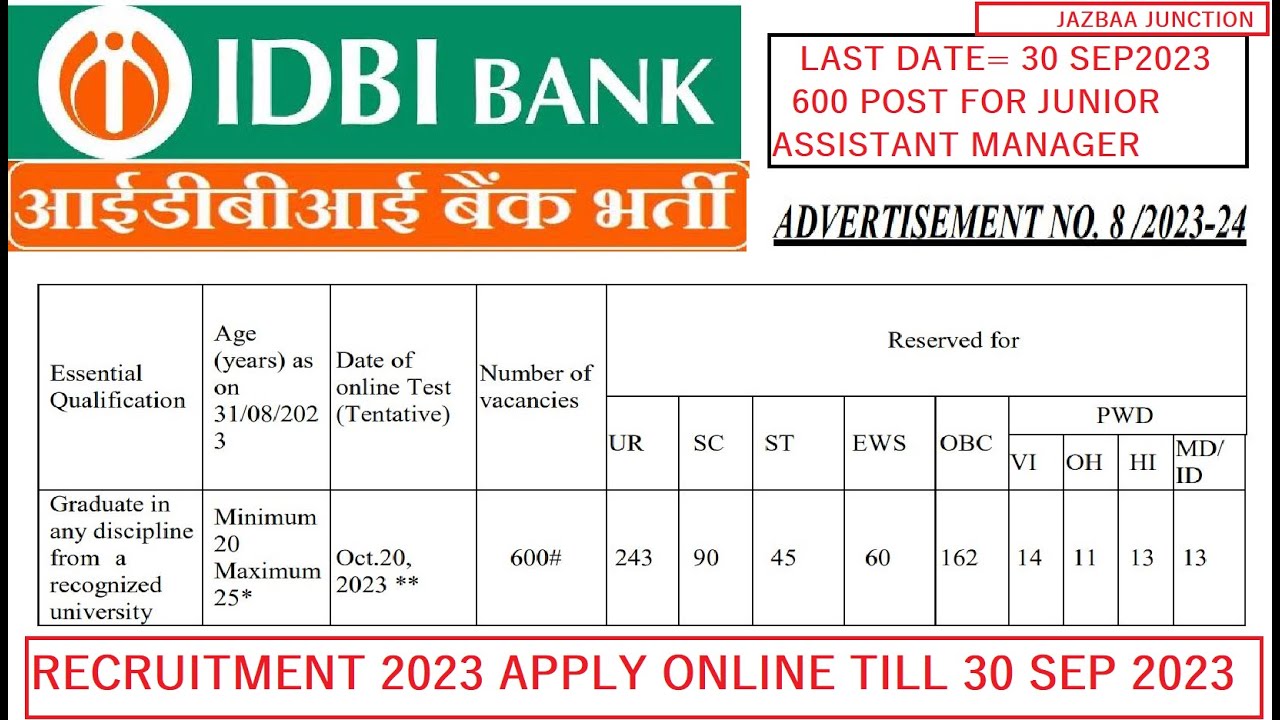 IDBI Junior Assistant Manager Recruitment 2023 | Full Details | IDBI PGDBF Notification 2023 OUT ...