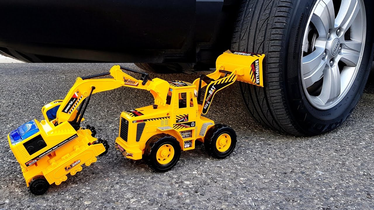 Running Over Excavator, Trucks, Bulldozer, Car Toys With Car | Crushing ...