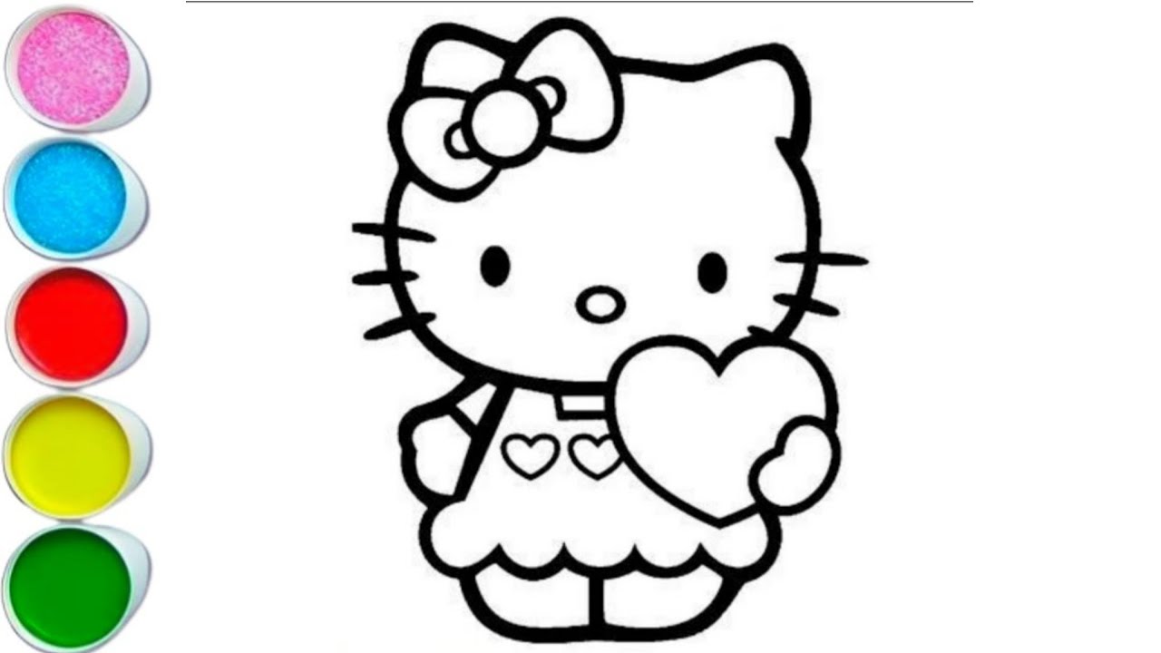 Hello, kitty holding heart drawing painting and colouring for kids ...