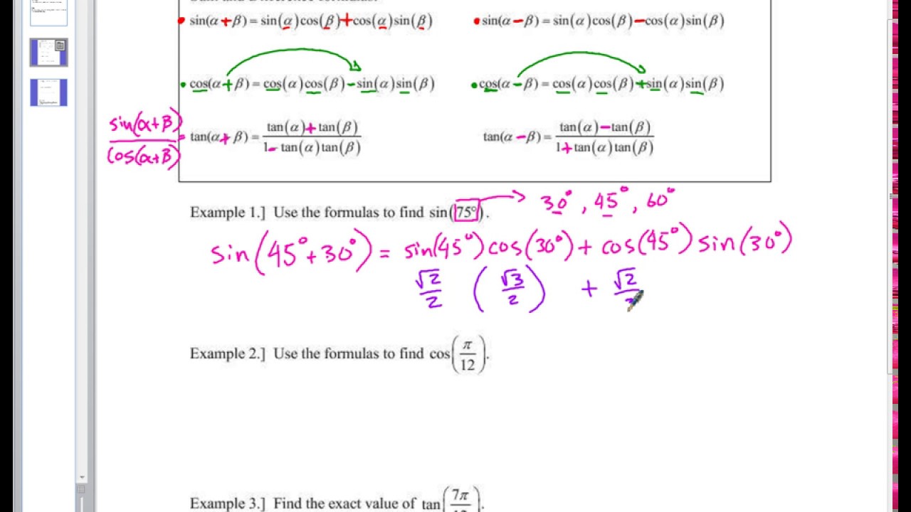 Pre-Calc 6.4 Sum and Difference Formulas - YouTube