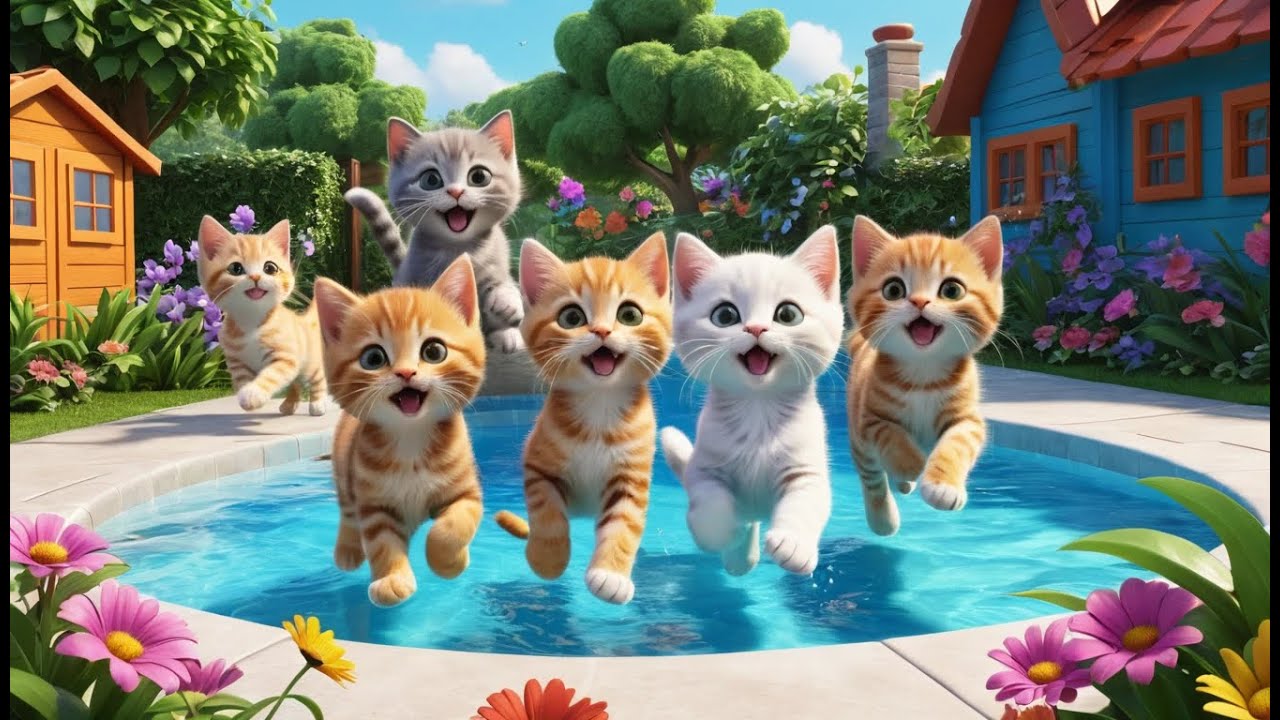 Six Little Kittens Jumping in the Pool | Playful Kitten Song for ...