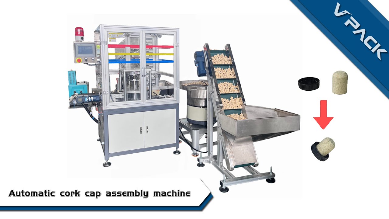 Fully automatic plastic cap wood cork cap assembly machine - YouTube