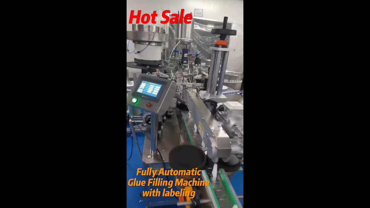 Full automatic glue filling and label machine - YouTube