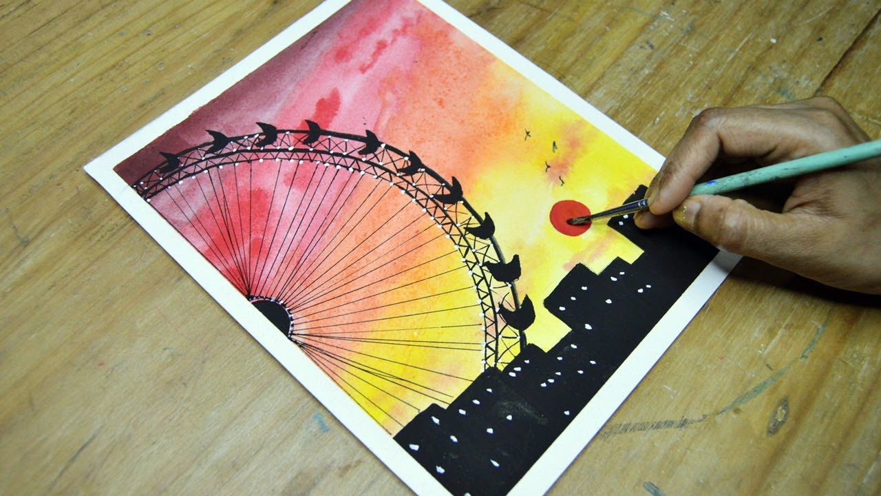 Easy Poster Color Sunset Painting for Beginners / Ferris Wheel Sunset ...
