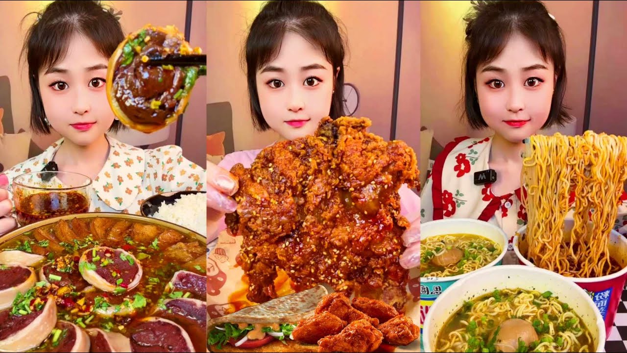 MUKBANG Chinese Noodles and Crispy Fried Chicken | Pork Belly & Blood ...