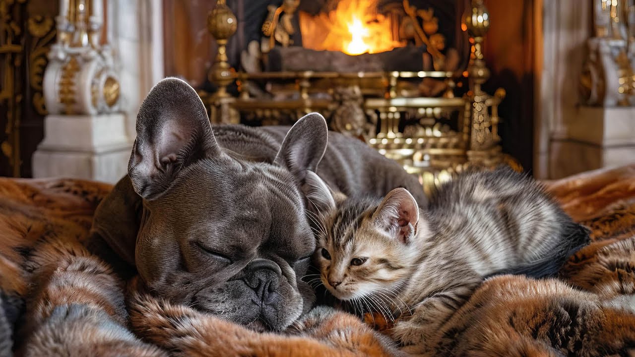 Cozy Castle Nights: French Bulldog and Kitty Snuggle by the Fireplace ...