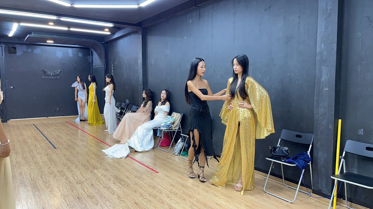 Learn catwalk with evening gowns with BYB Academy students - YouTube