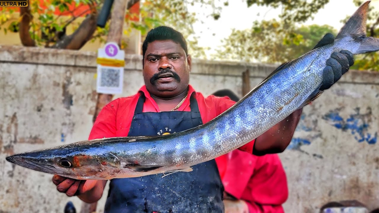KASIMEDU 🔥 SPEED SELVAM | BIG SIZE BARRACUDA FISH CUTTING VIDEO | 4K ...