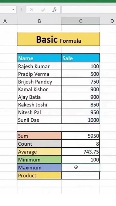 Excel basic formulas SUM COUNT AVERAGE MAXIMUM MINIMUM PRODUCT #excel #reels #trending #shorts ...