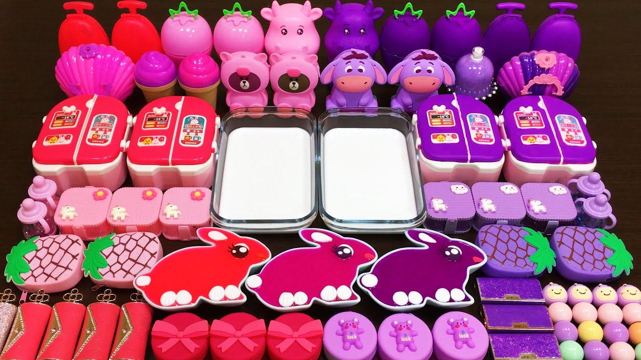 Pink vs Purple Slime | Mixing Beads and Glitter into Slime ASMR ...