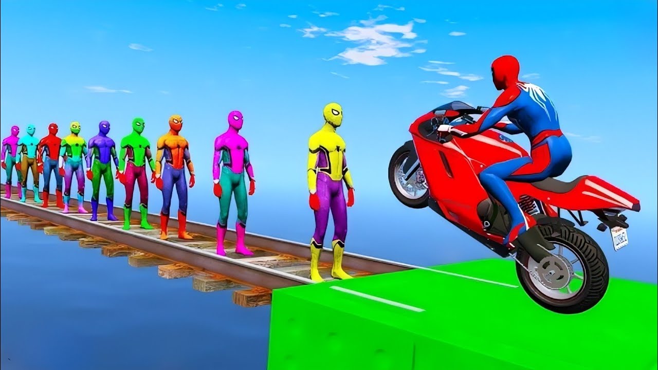 Spiderman on a motorcycle againstmulti-colored spiders - YouTube