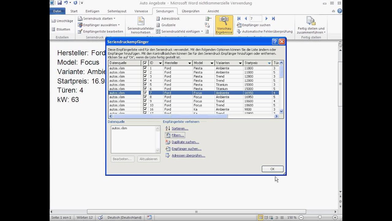 Serienbriefe mit Microsoft Word & Excel 7 - Serienbriefe Filtern - YouTube