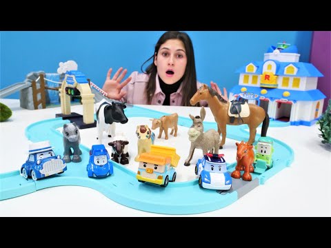 Araba oyuncakları. Çiftlikten kaçan hayvanlar Brooms şehrini basıyorlar!  Çocuk videosu