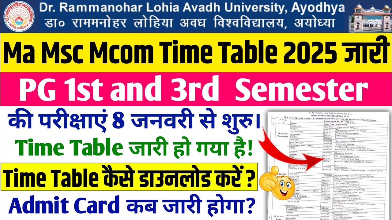 rmlau time table 2024-25 rmlau ma msc mcom 1st 3rd semester time table 2024-25 rmlau exam scheme ...